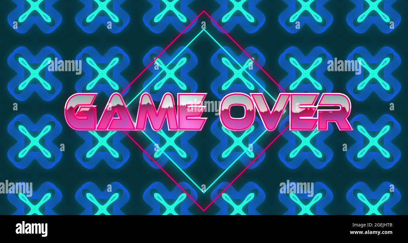 Image of game over text in pink metallic letters over neon diamonds and ...