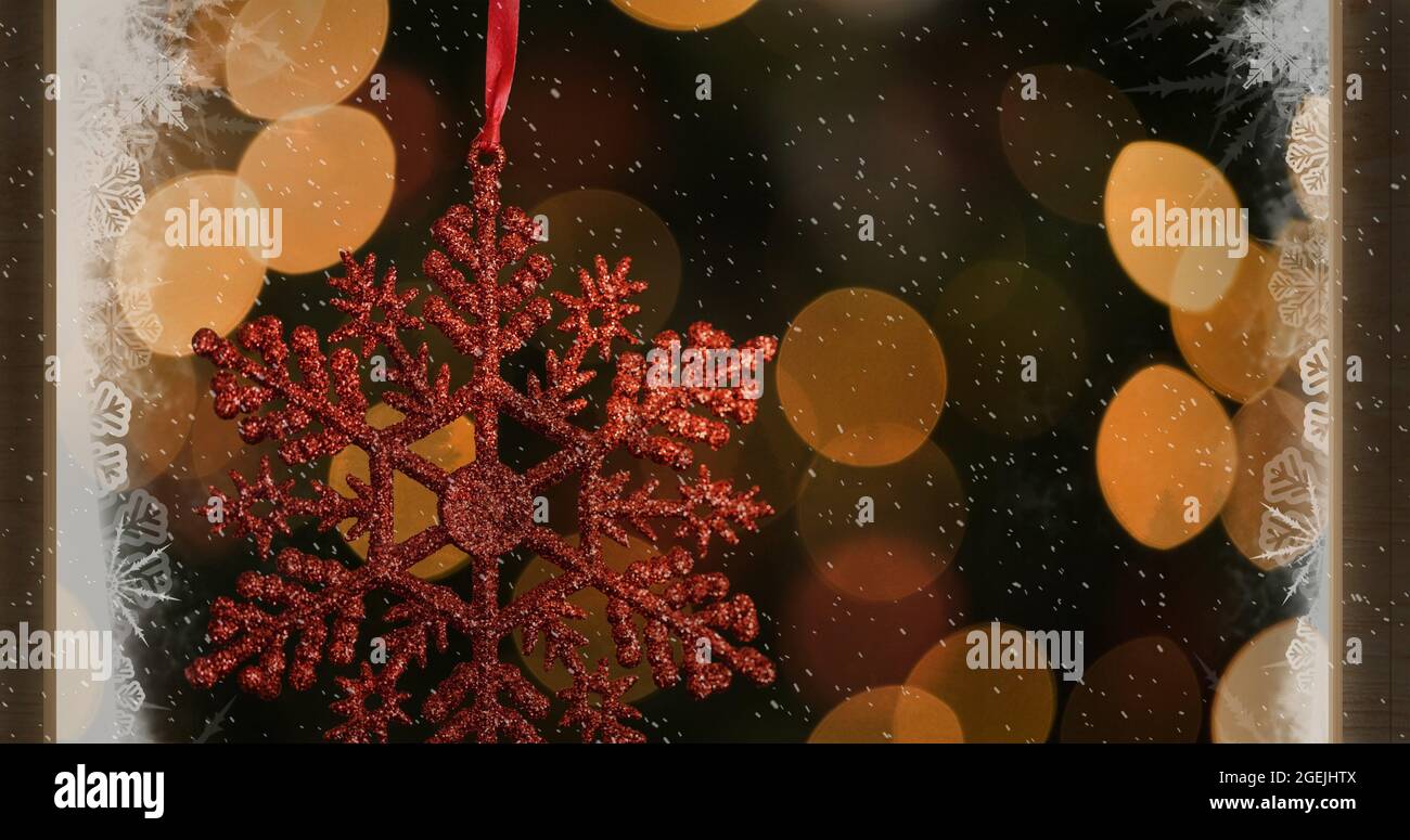 Image of red christmas decoration with snow falling and lights Stock ...
