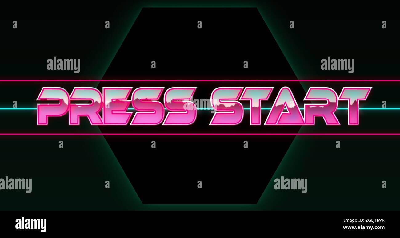 Image of press start text in pink metallic letters over pink and green ...