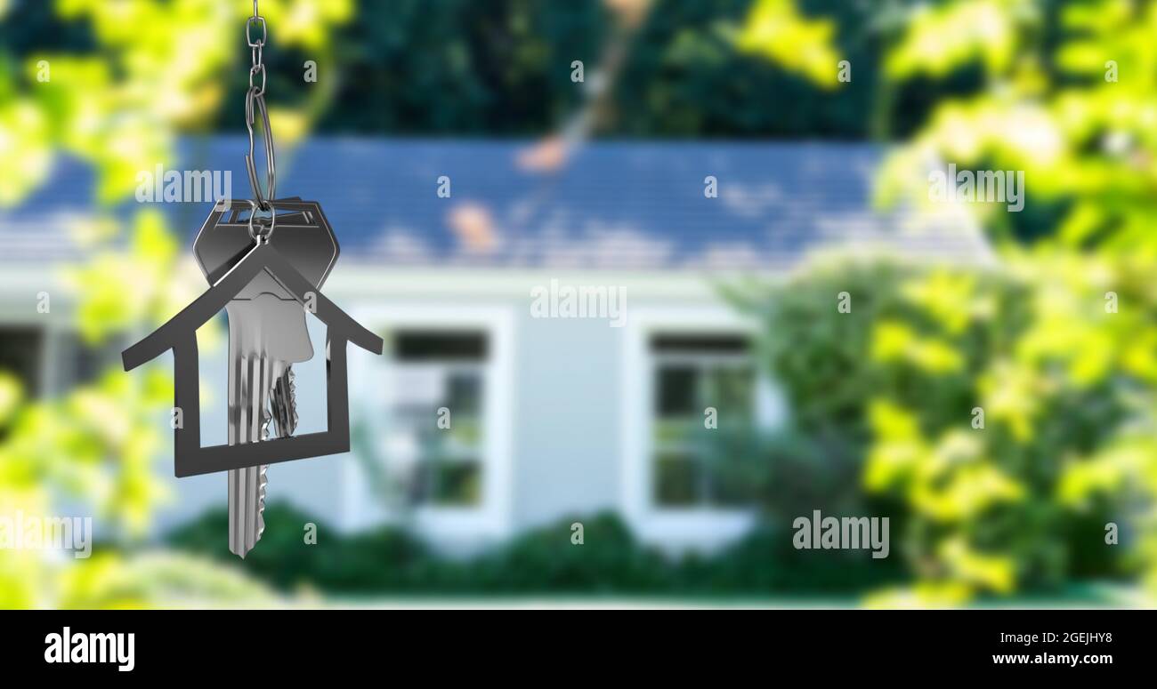 House keys and key fob hanging over out of focus house 4k Stock Photo ...