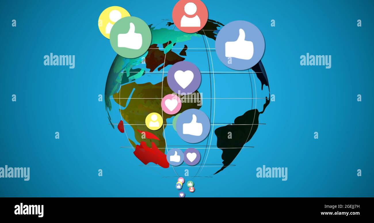 Moving social media icons with a globe 4k Stock Photo - Alamy