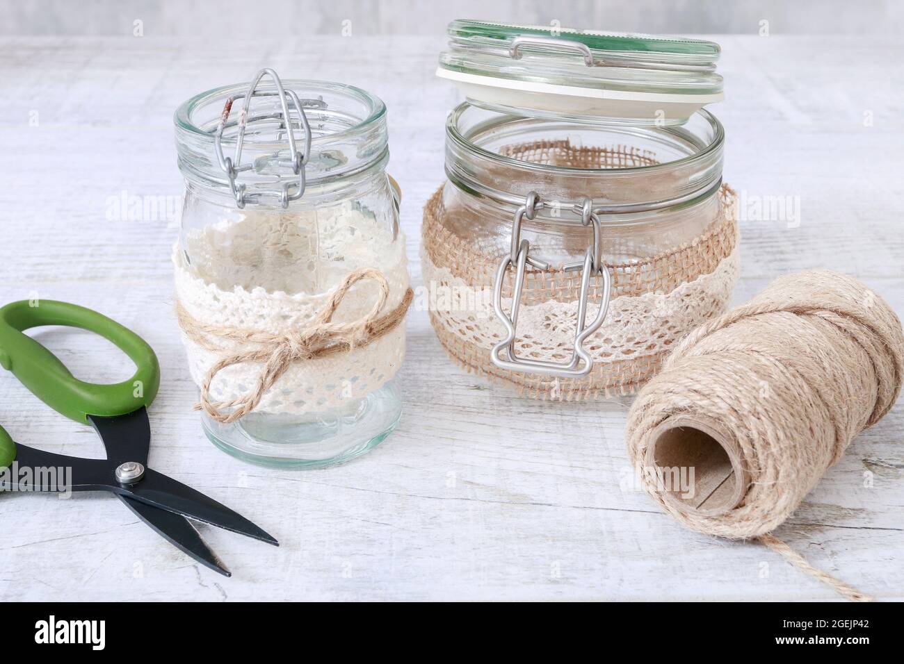 How to make glass jar decorated with lace and string. Step by step ...