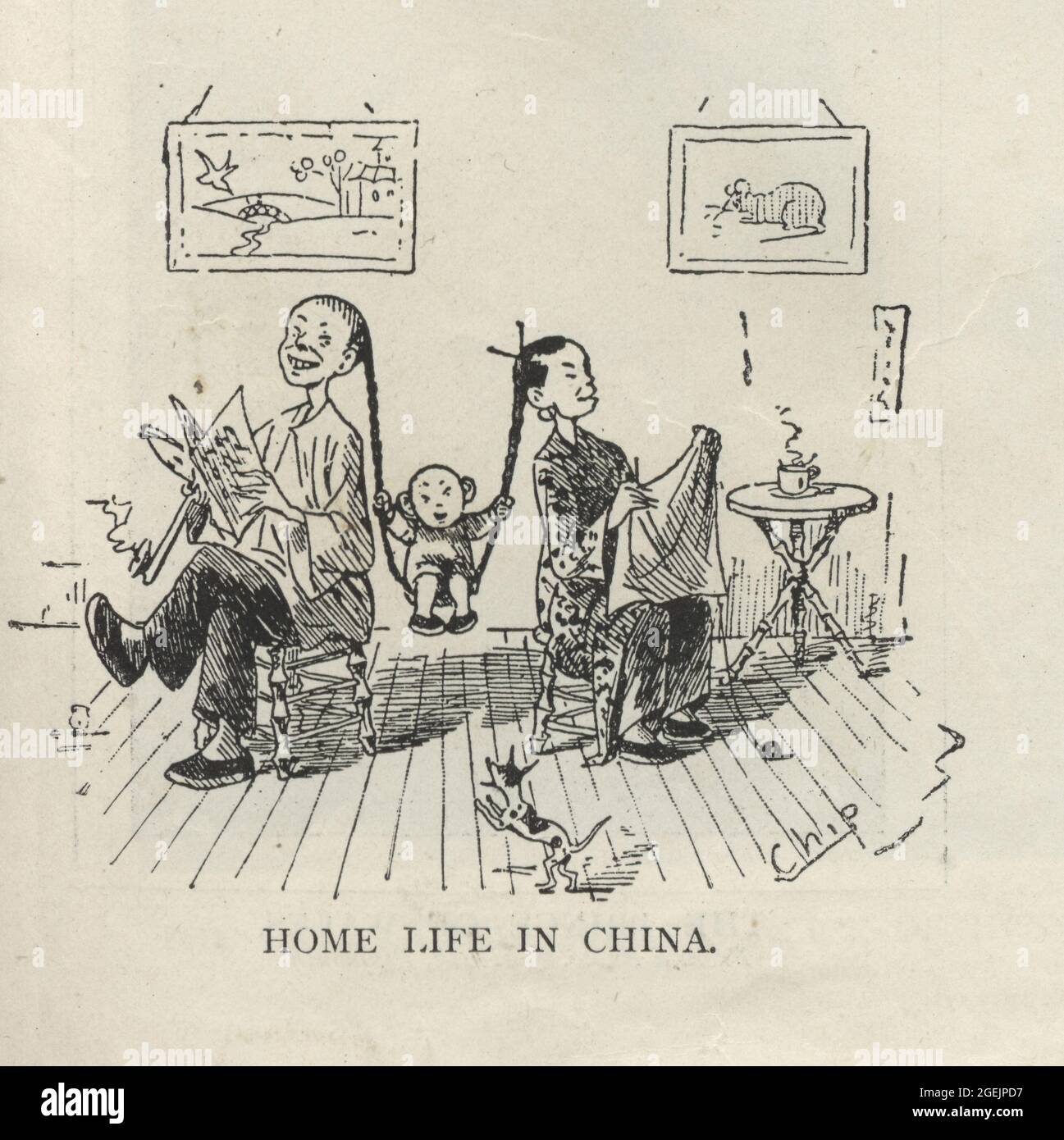 Vintage illustration of Home life in China. Victorian comedy cartoon ...