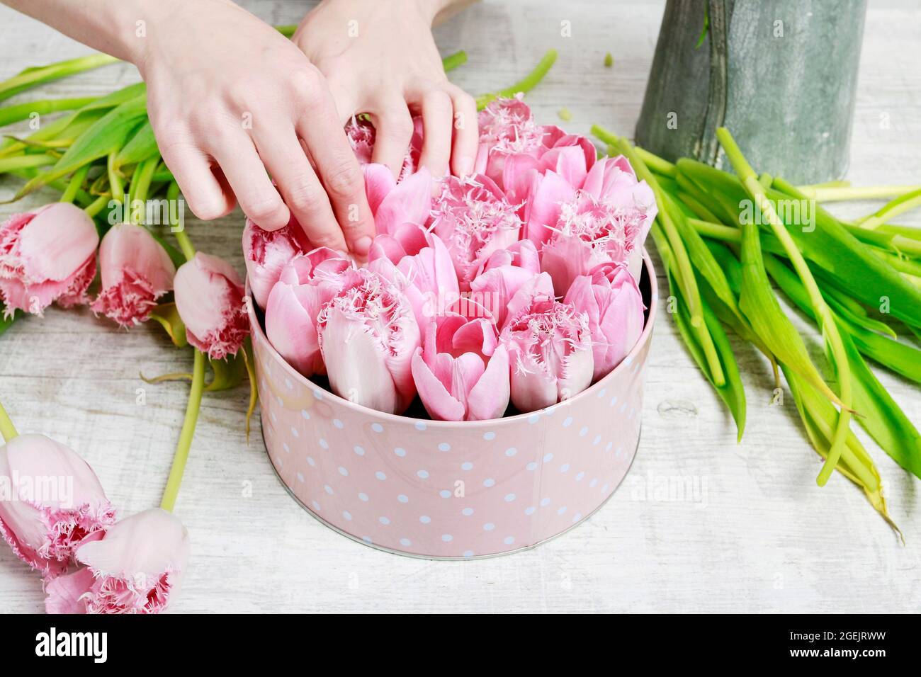 Florist at work. How to make beautiful dotted flower box with tulips ...