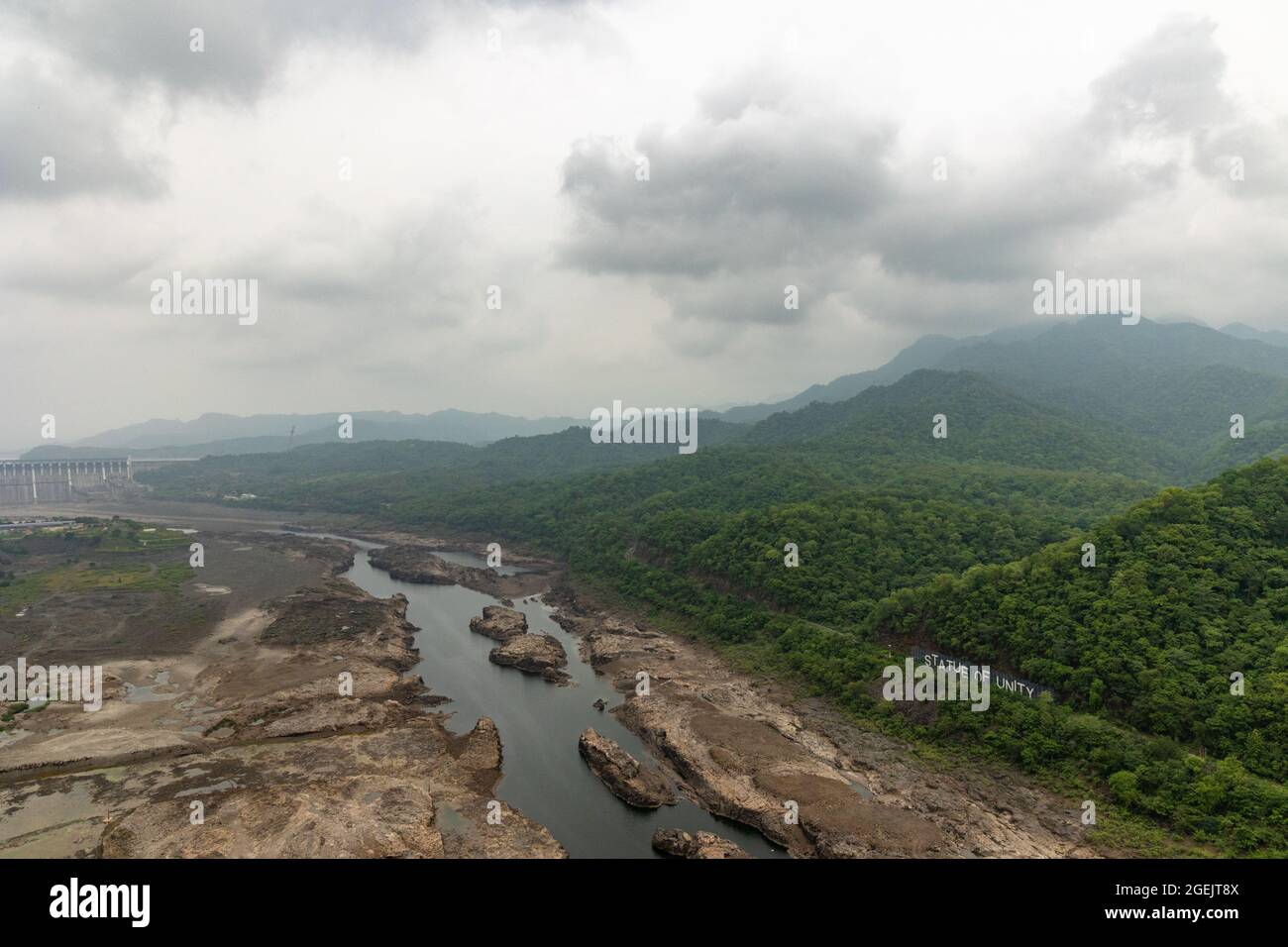 View of Narmada river valley from the viewing gallery at chest level of ...