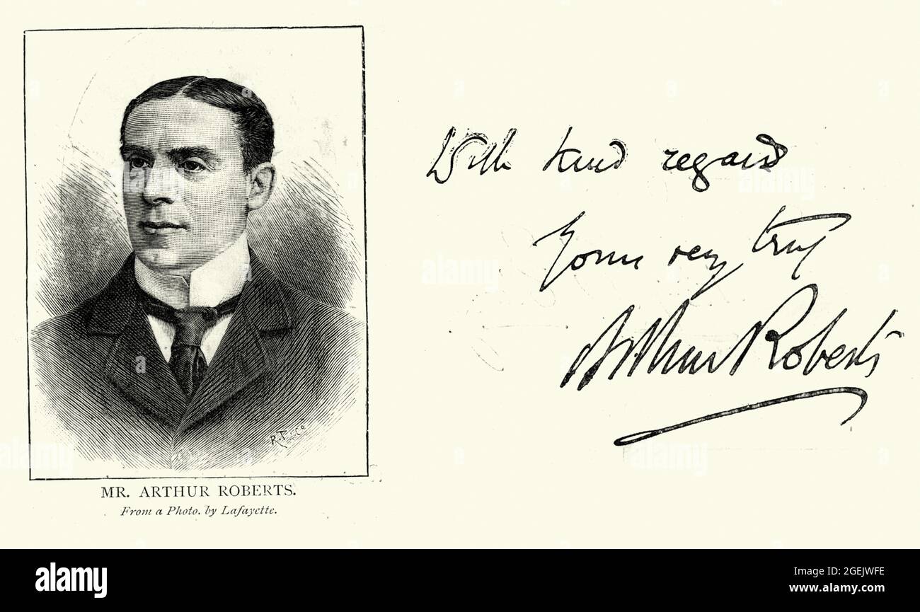 Vintage engraving of Portrait and autograph of Arthur Roberts an ...
