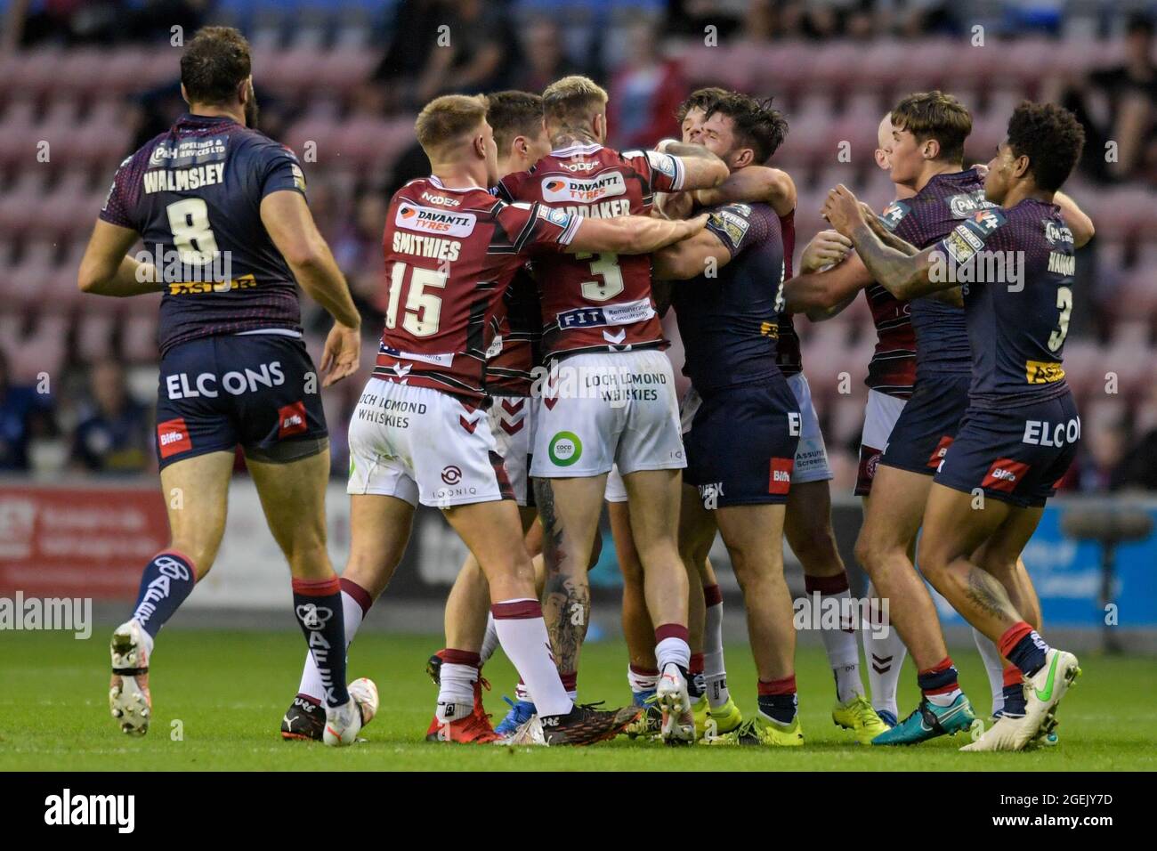 John Bateman (13) of Wigan Warriors and James Bentley (12) of St Helens ...