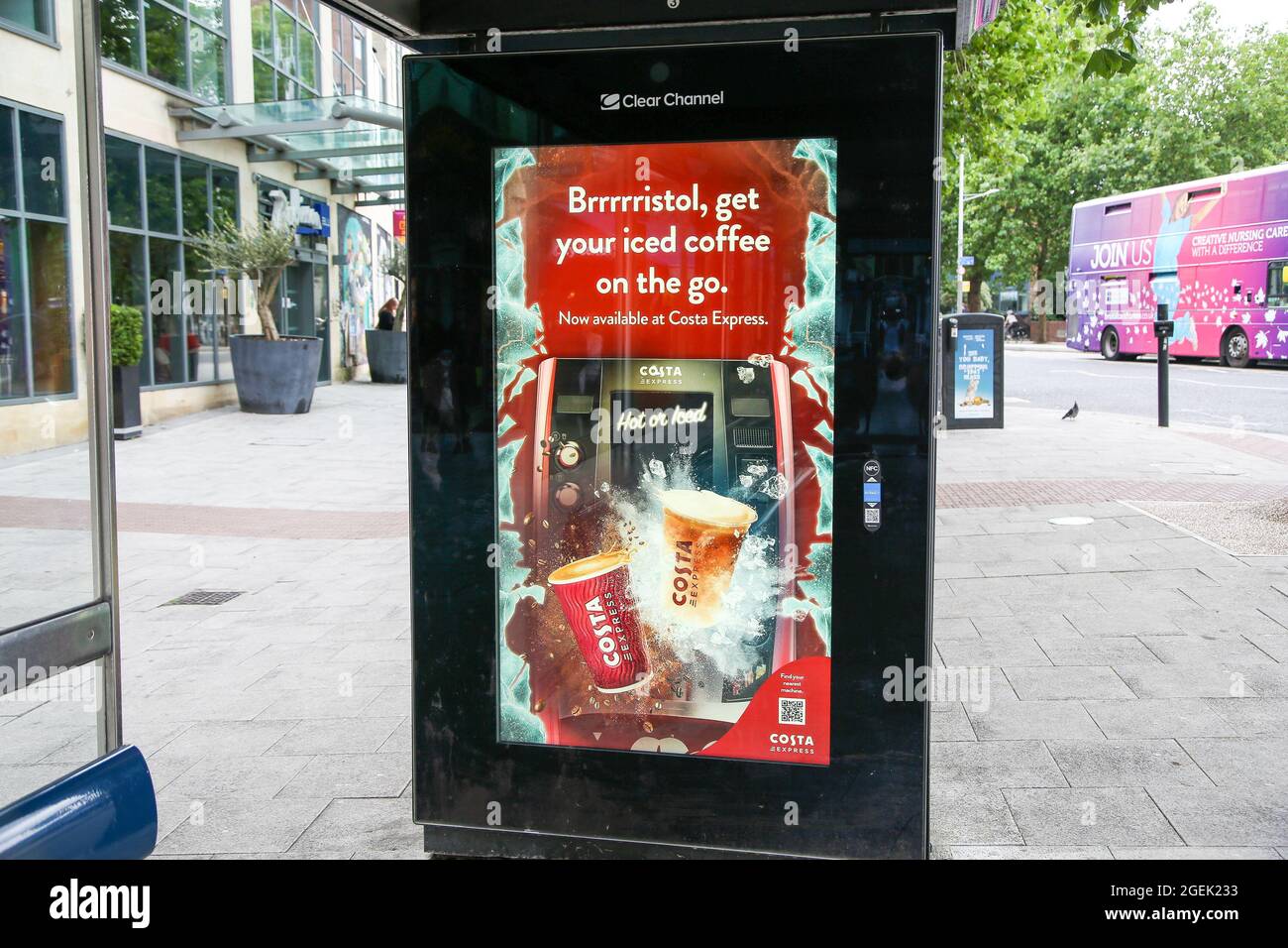 A digital advert of Costa seen on display at a bus stop in Bristol ...