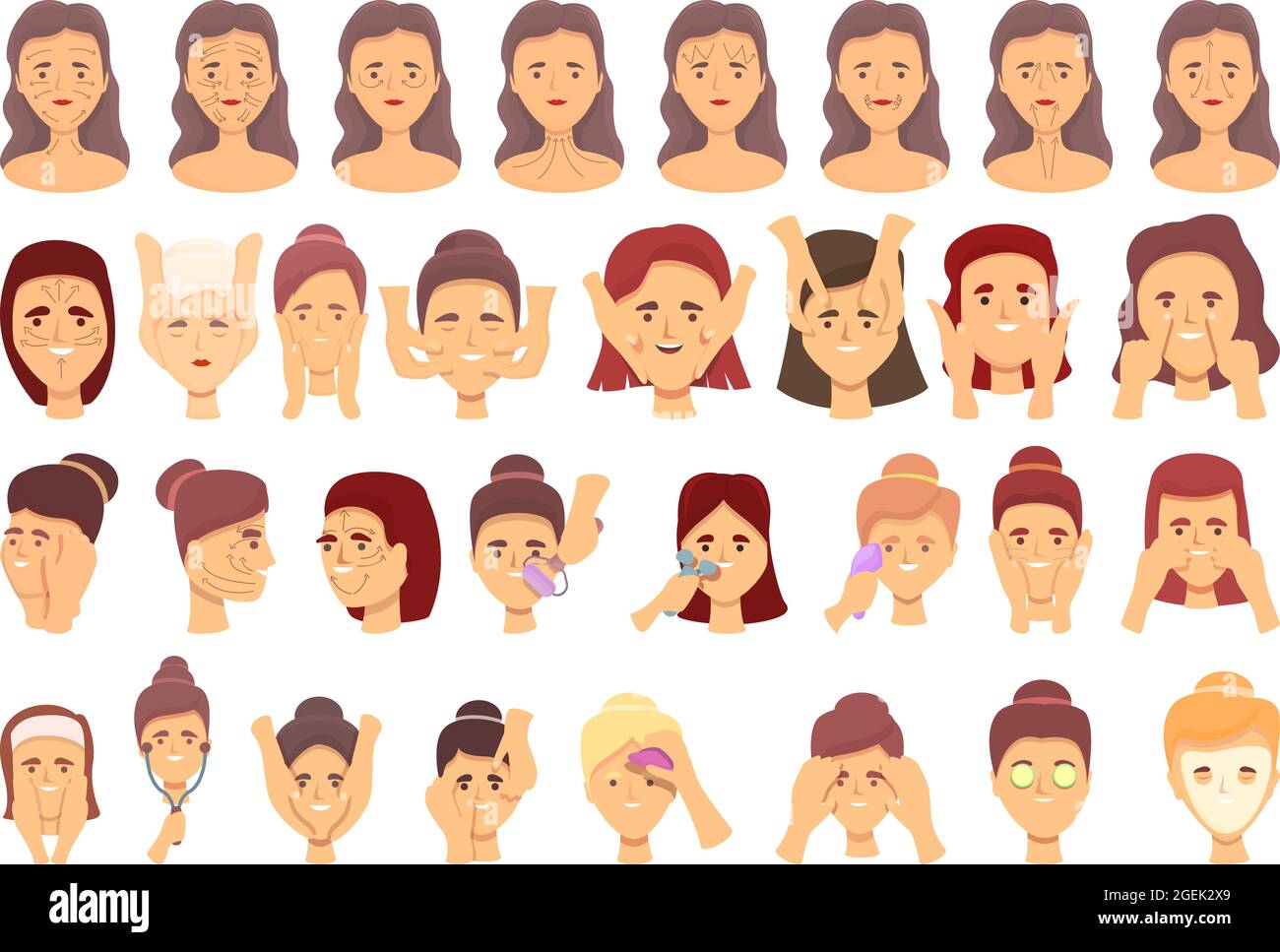 Facial Massage Icons Set Cartoon Vector Face Skin Beauty Care Stock
