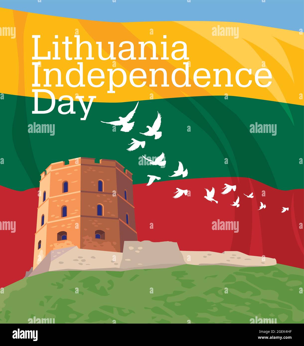Gediminas Tower on the background of the National flag Lithuania. Happy ...
