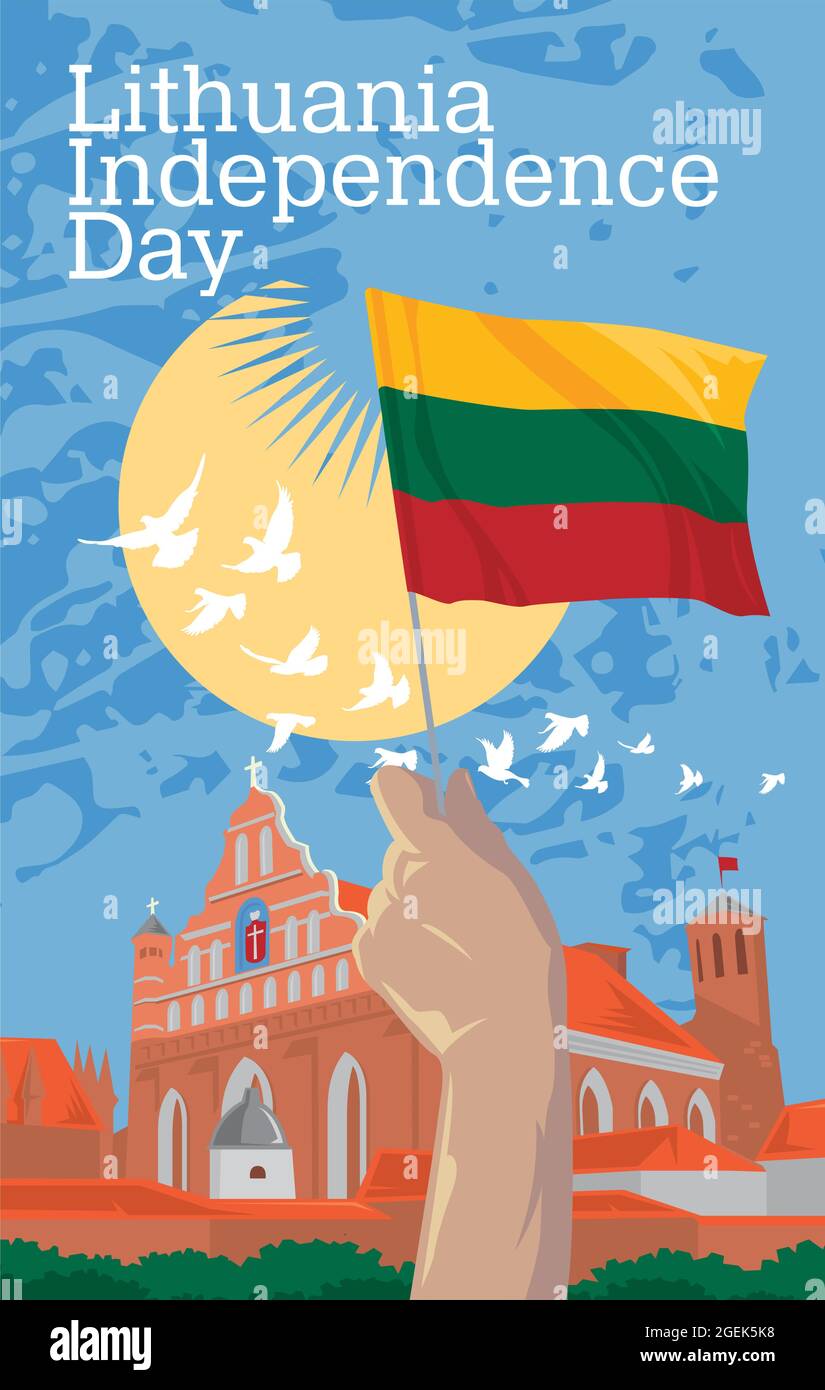 Hand with the national flag of Lithuania on the background of St. Anne ...