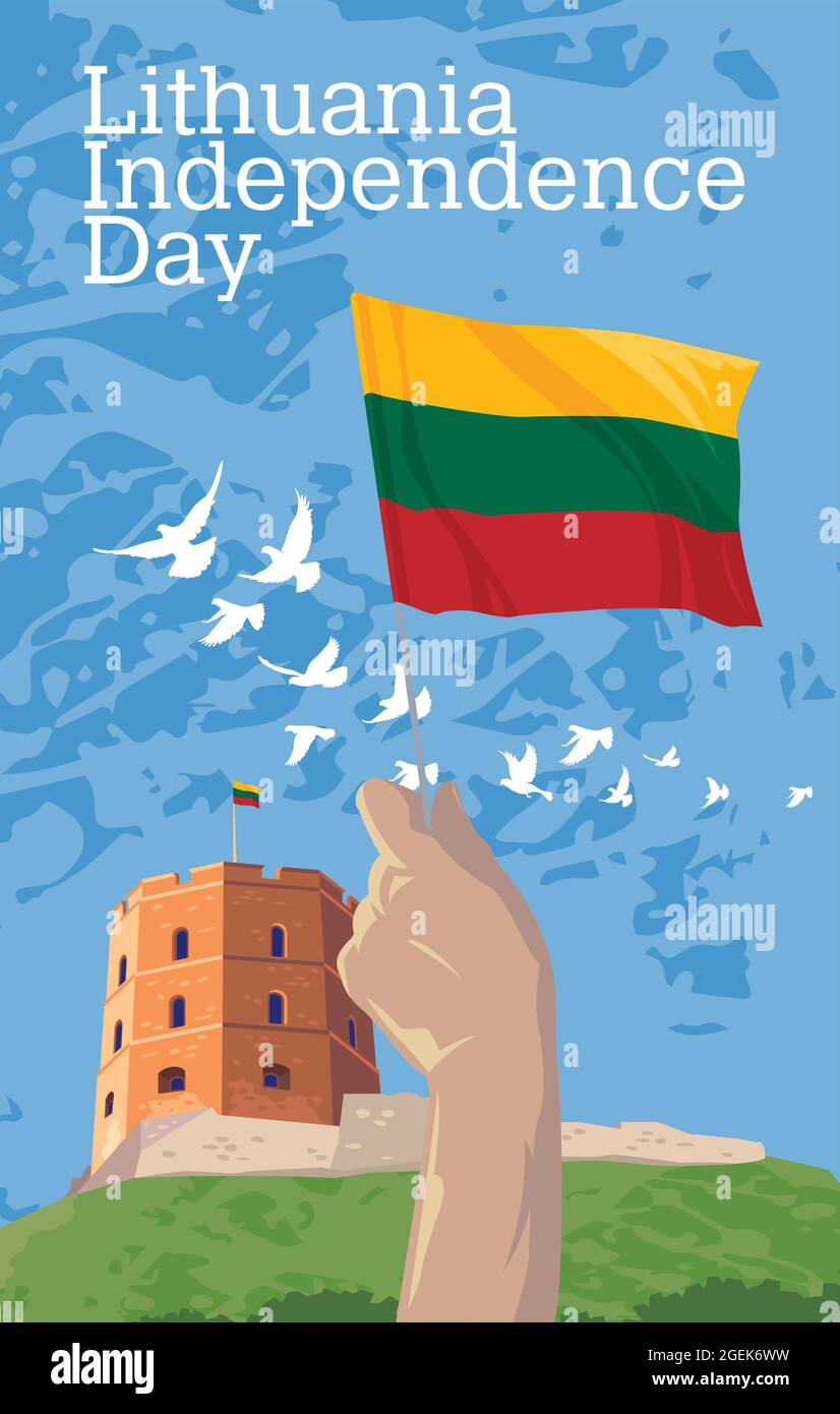 Hand with the national flag Lithuania on the background of the ...