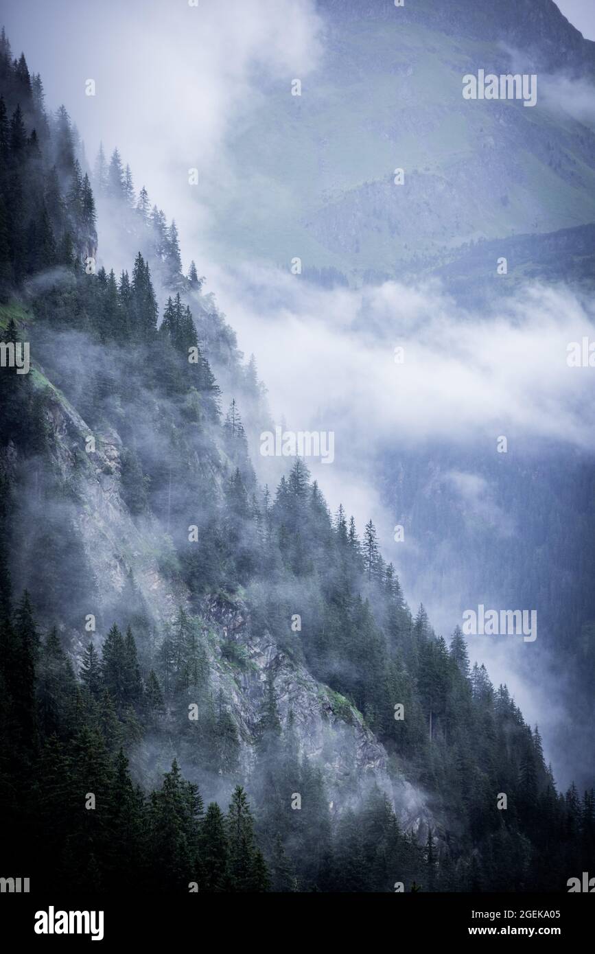 A rainy day in the Austrian Alps with deep clouds and fog Stock Photo ...