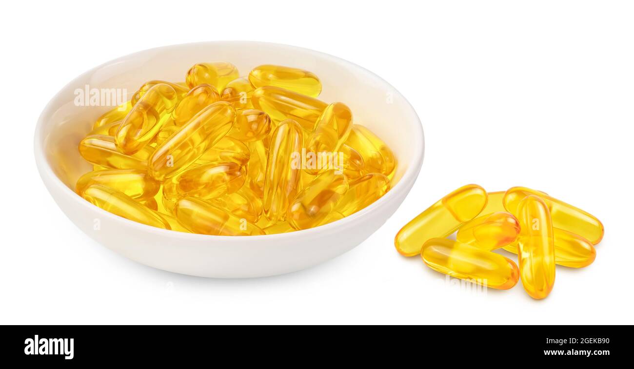 Fish oil capsules in bowl isolated on white background with clipping ...