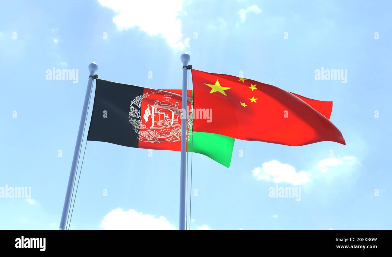 Afghanistan and China, two flags waving against blue sky. 3d image ...
