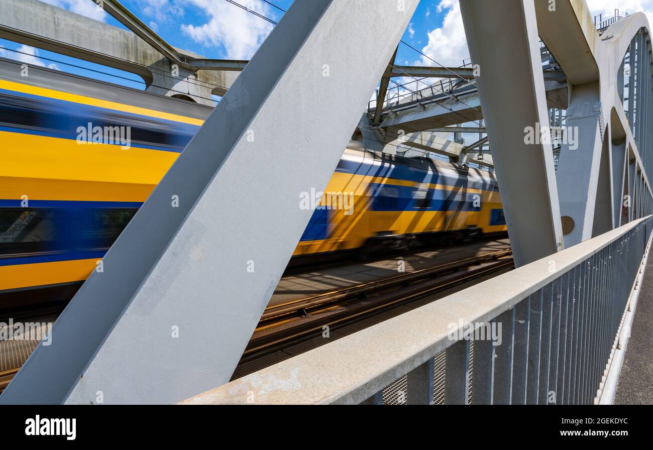 Closeup shot of the steel structure of a railway bridge with steel ...