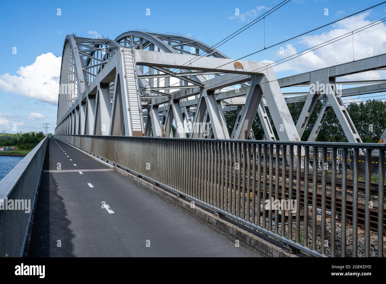Closeup shot of the steel structure of a railway bridge with steel ...