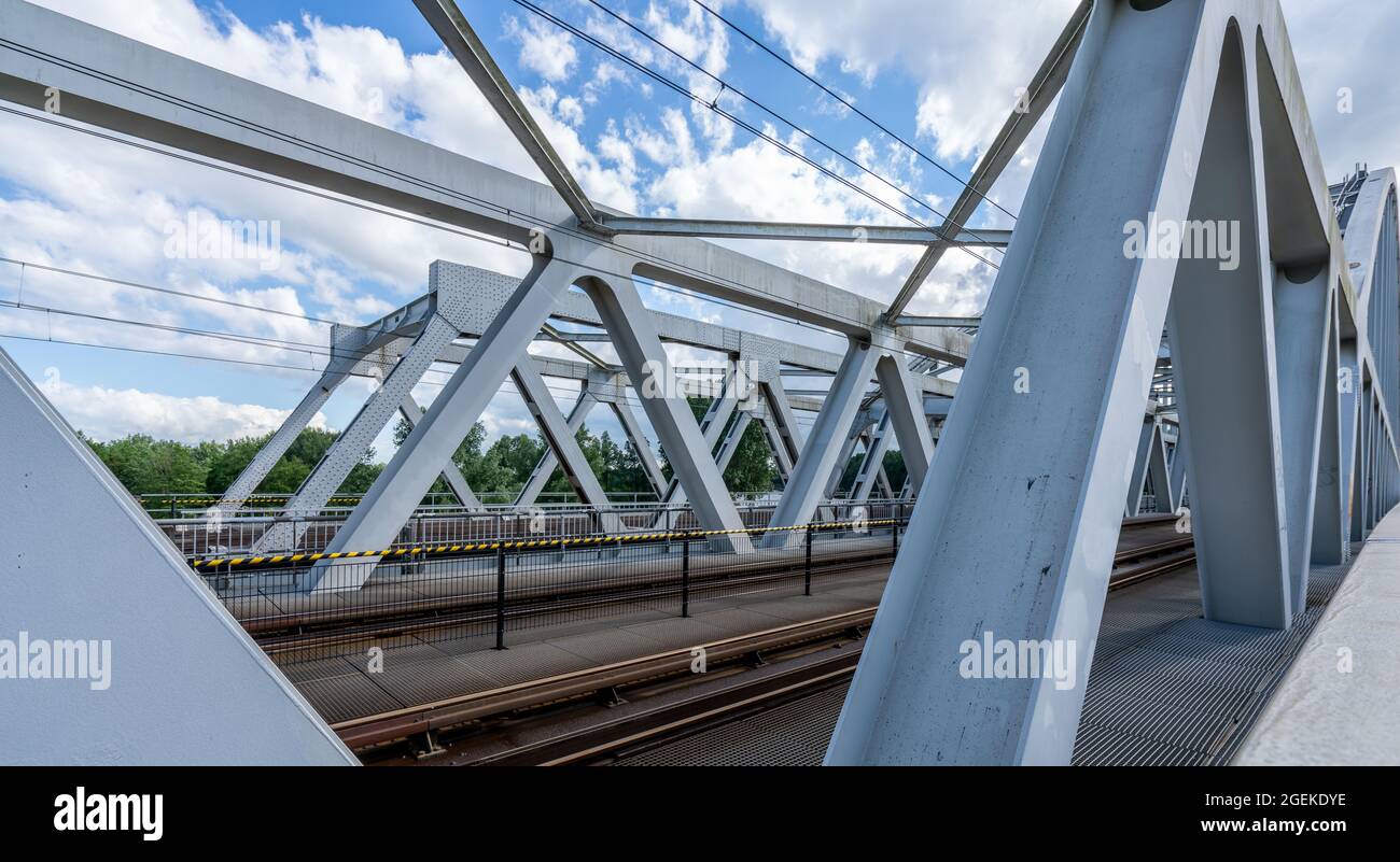 Closeup shot of the steel structure of a railway bridge with steel ...