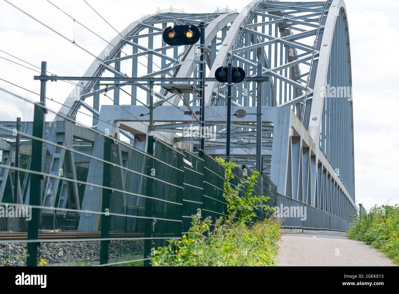 Closeup shot of the steel structure of a railway bridge with steel ...
