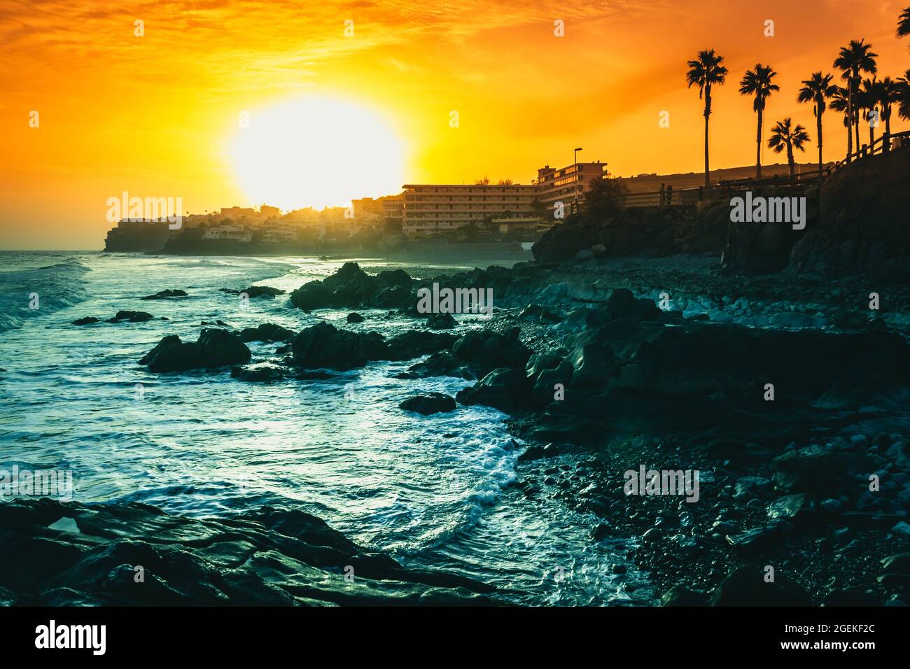 Amazing sunset by rocky beach with palm trees silhouettes on top of ...