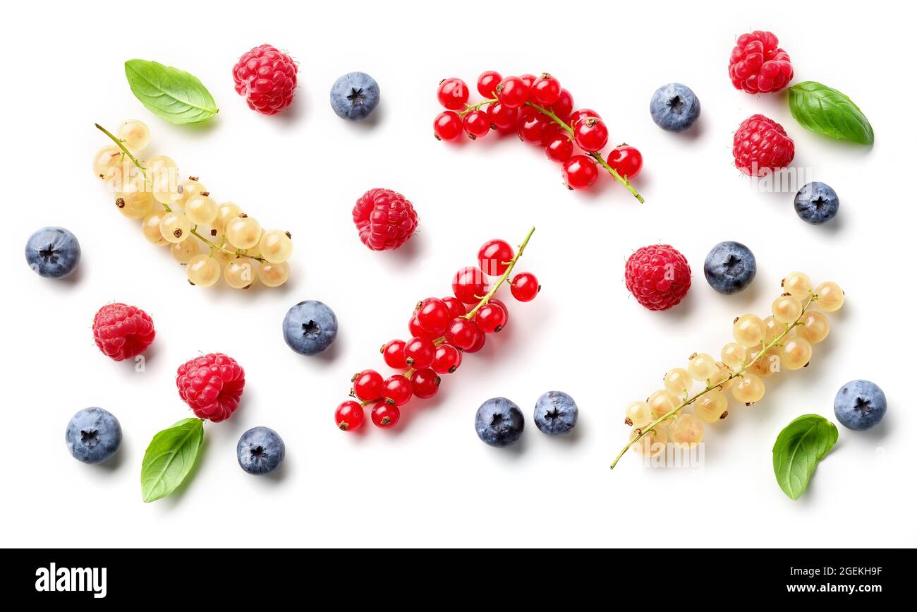composition of fresh berries and green leaves isolated on white ...