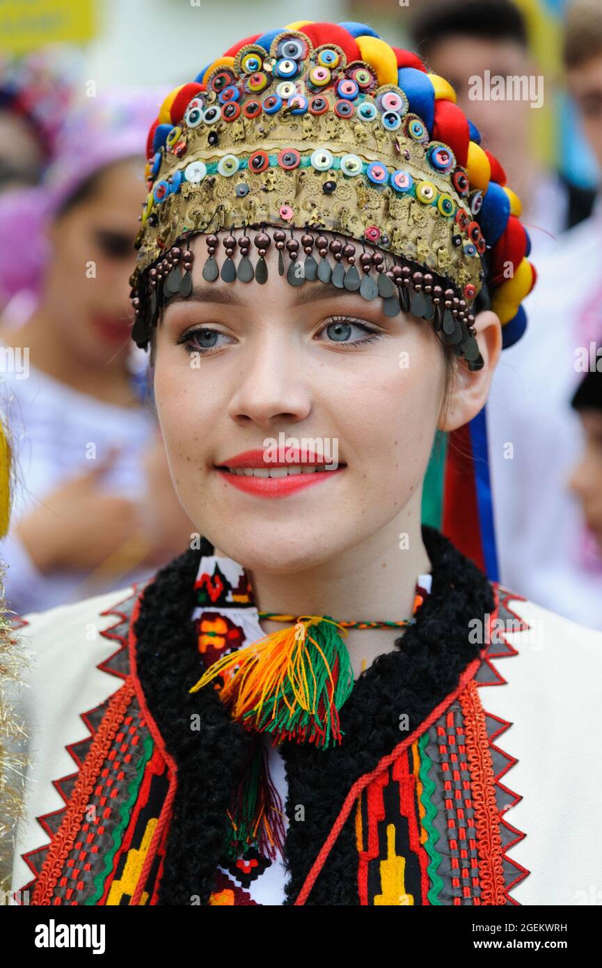 Representative of Ukraine in a traditional outfit seen during the ...