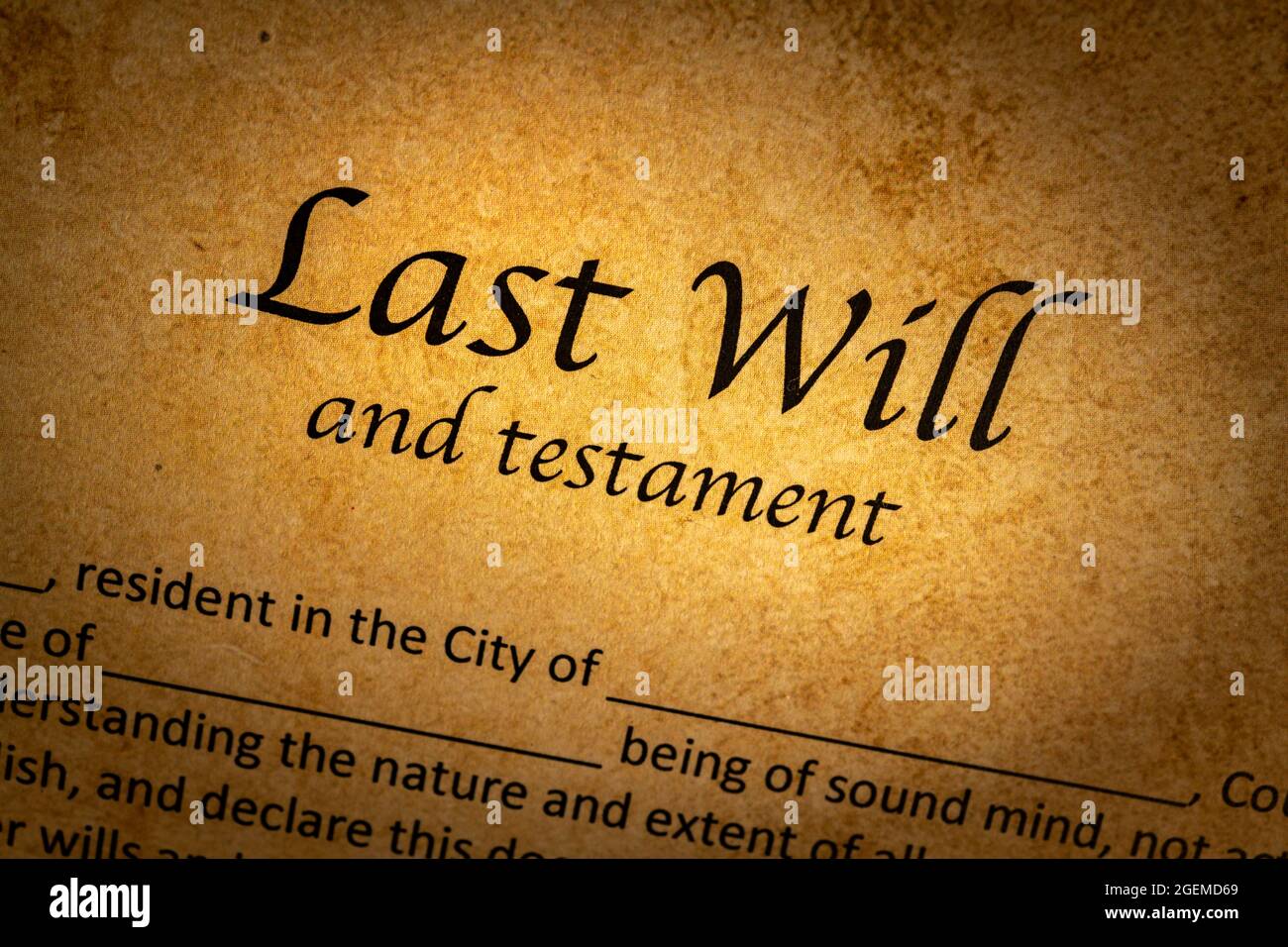 An unfilled out will and testament header shown on aged parchment paper ...