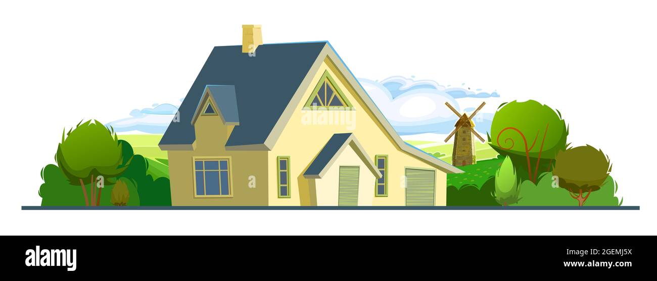 Rural house in the garden. Half turn. Cheerful cartoon flat style ...