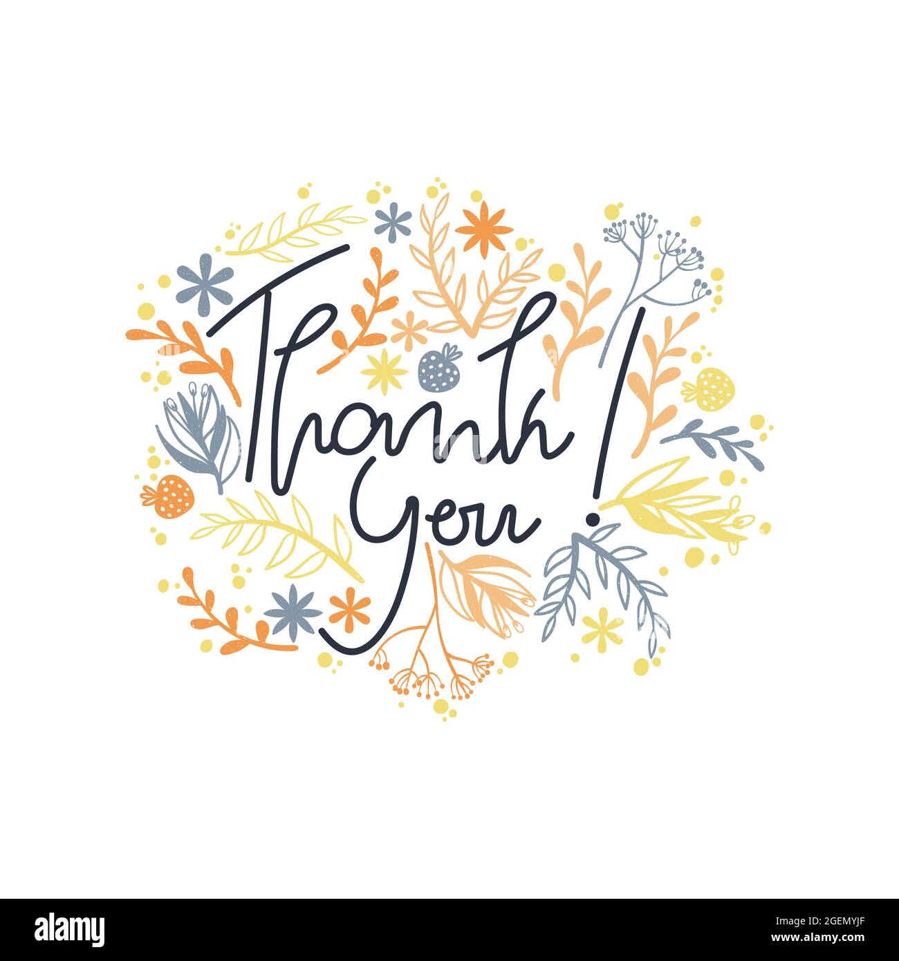 Thank you greeting card with doodle flower silhouette. Hand drawn ...