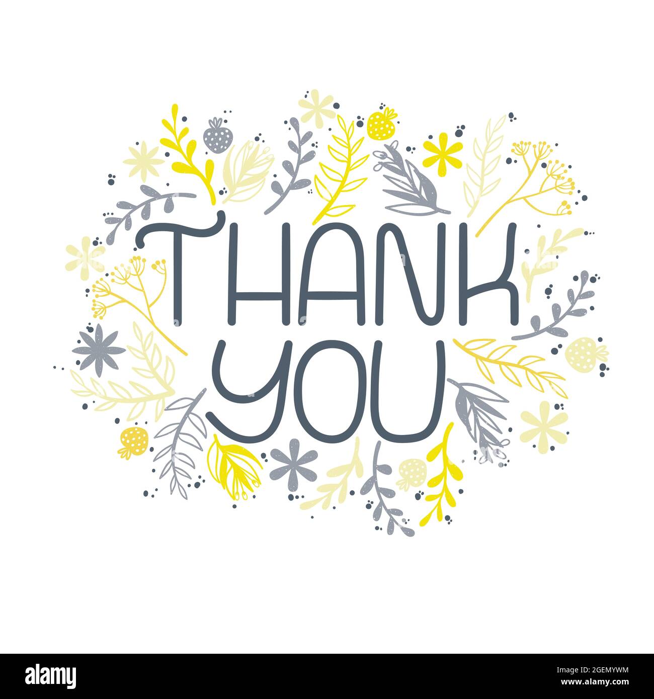 Thank you greeting card with doodle flower silhouette. Hand drawn ...