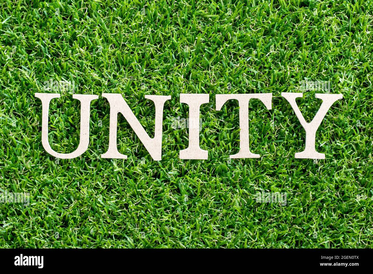 Wood letter in word unity on artificial green grass background Stock ...