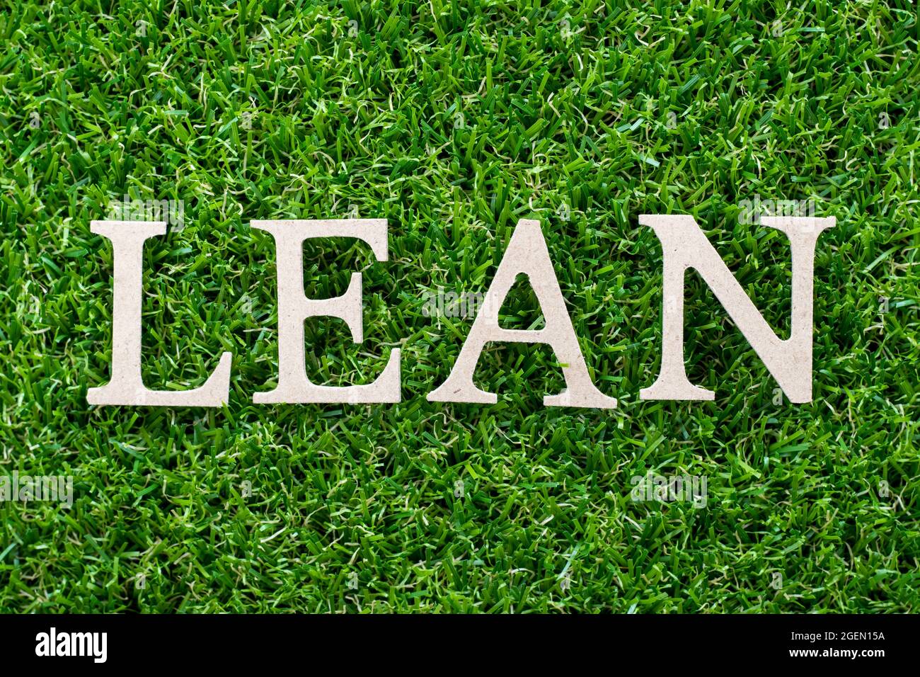 Wood letter in word lean on artificial green grass background Stock ...