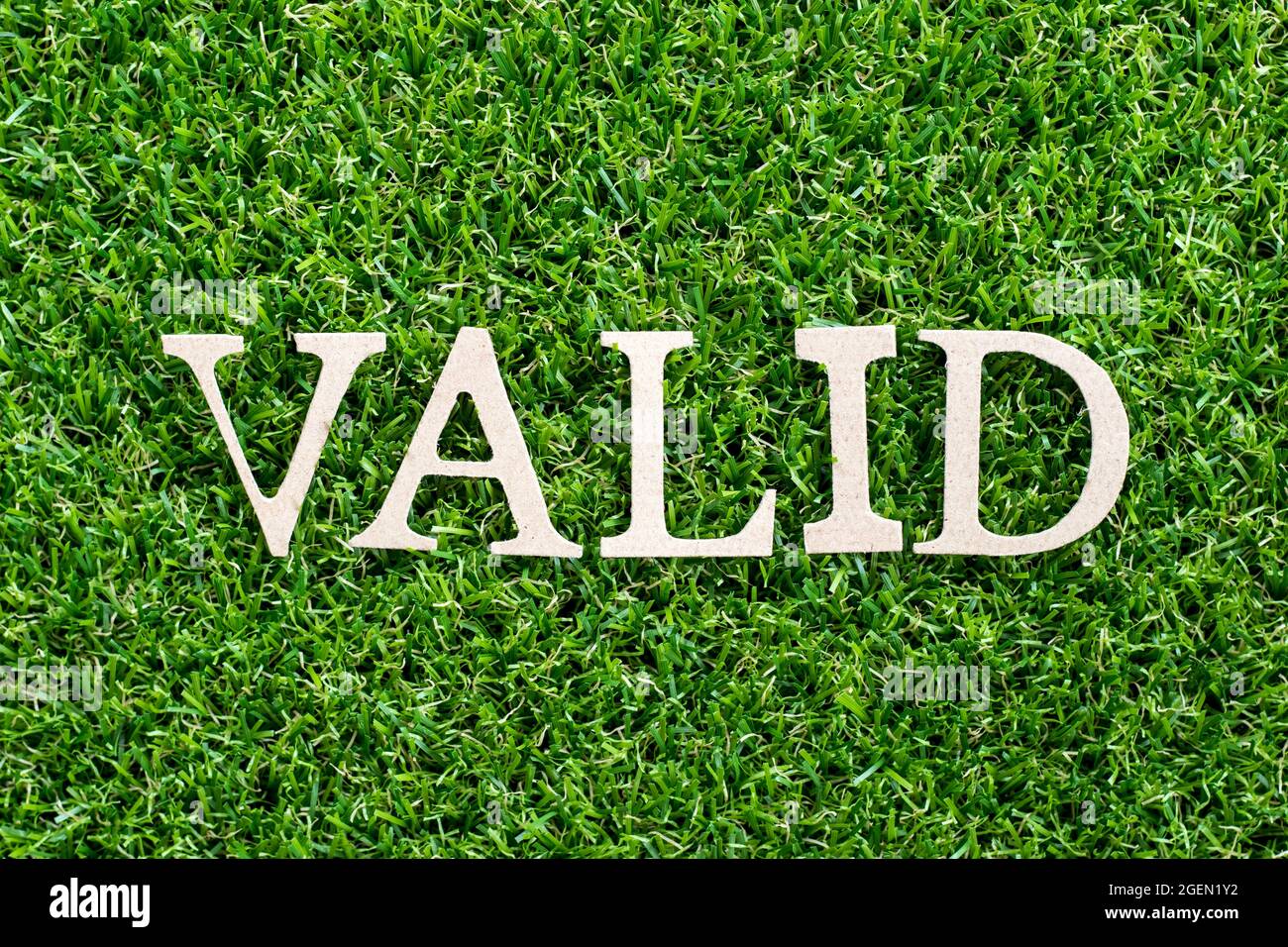 Wood letter in word valid on artificial green grass background Stock ...