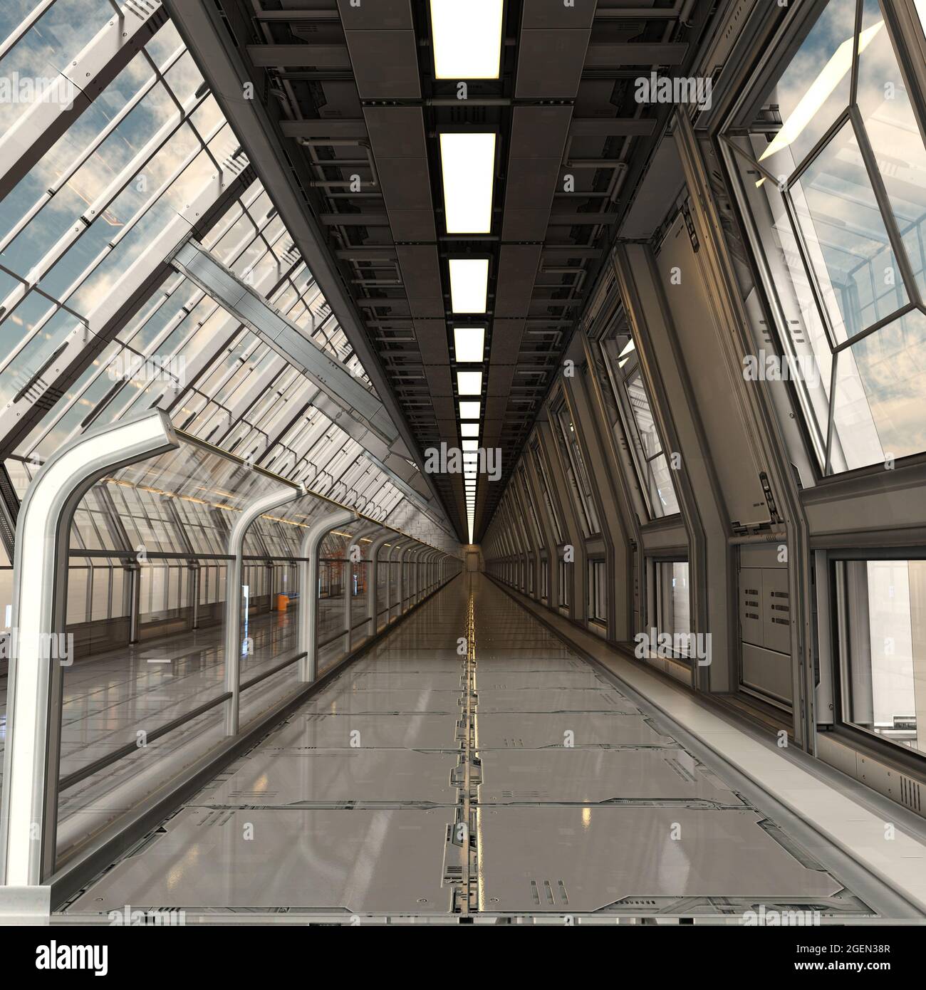 3D-illustration of a futuristic empty hallway room in a science fiction ...