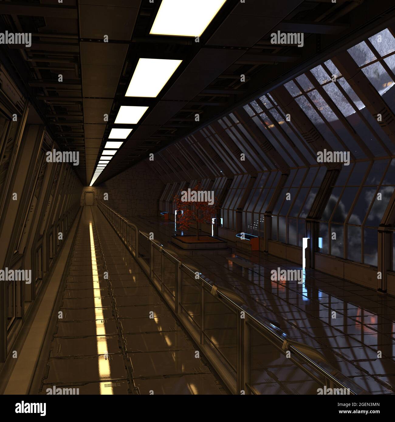 3D-illustration of a futuristic empty hallway room in a science fiction ...