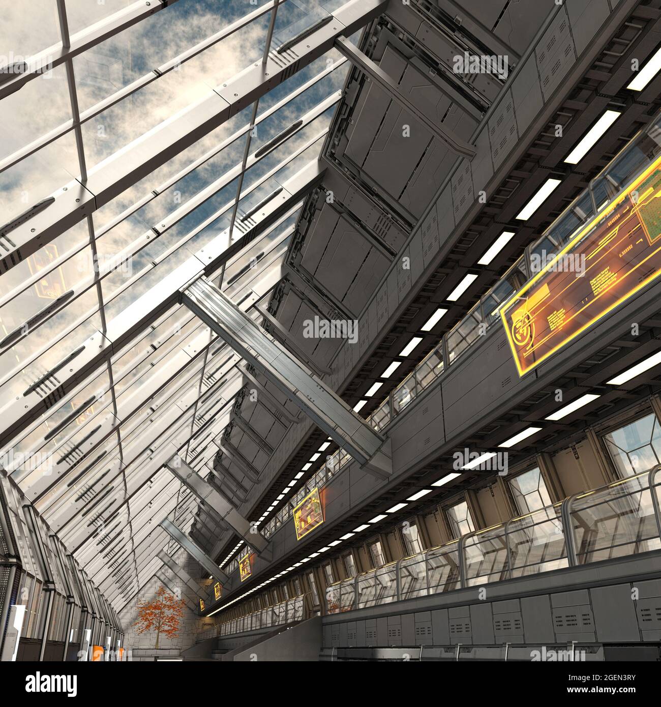 3D-illustration of a futuristic empty hallway room in a science fiction ...
