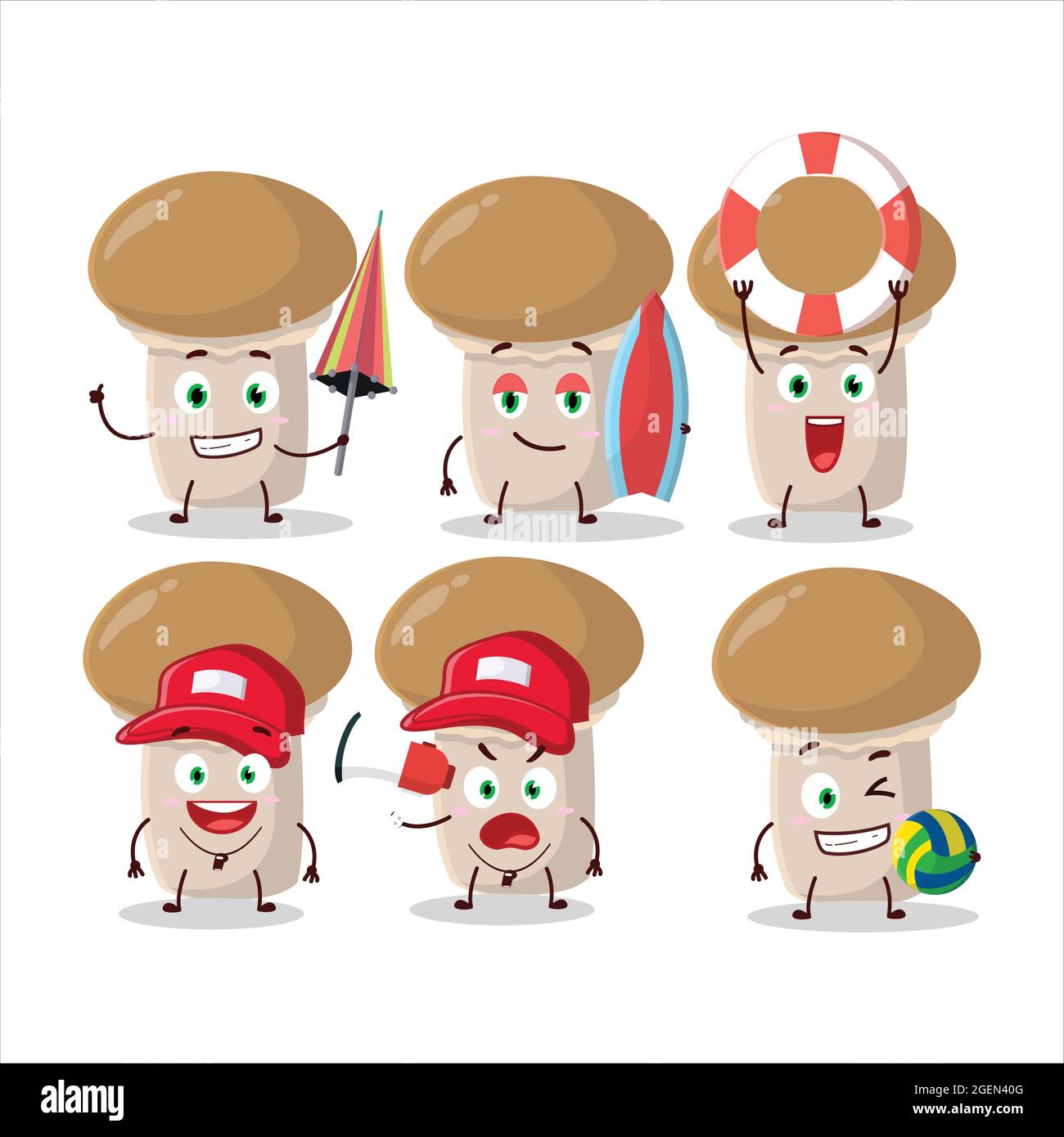 Happy Face champignon cartoon character playing on a beach. Vector ...