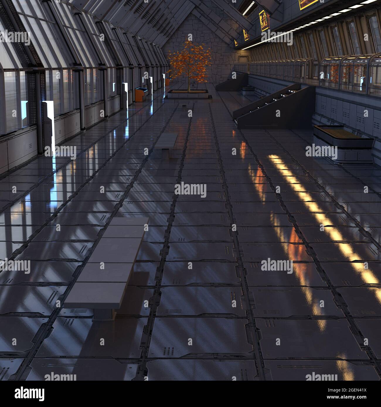 3D-illustration of a futuristic empty hallway room in a science fiction ...
