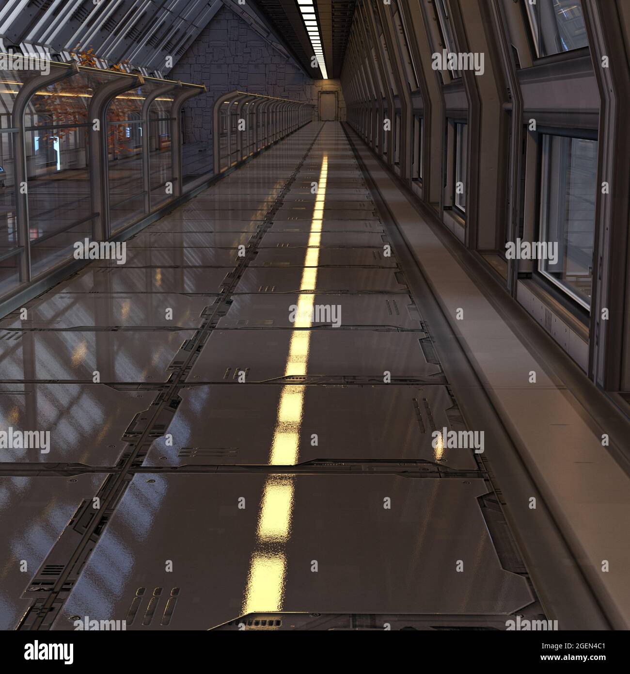 3D-illustration of a futuristic empty hallway room in a science fiction ...