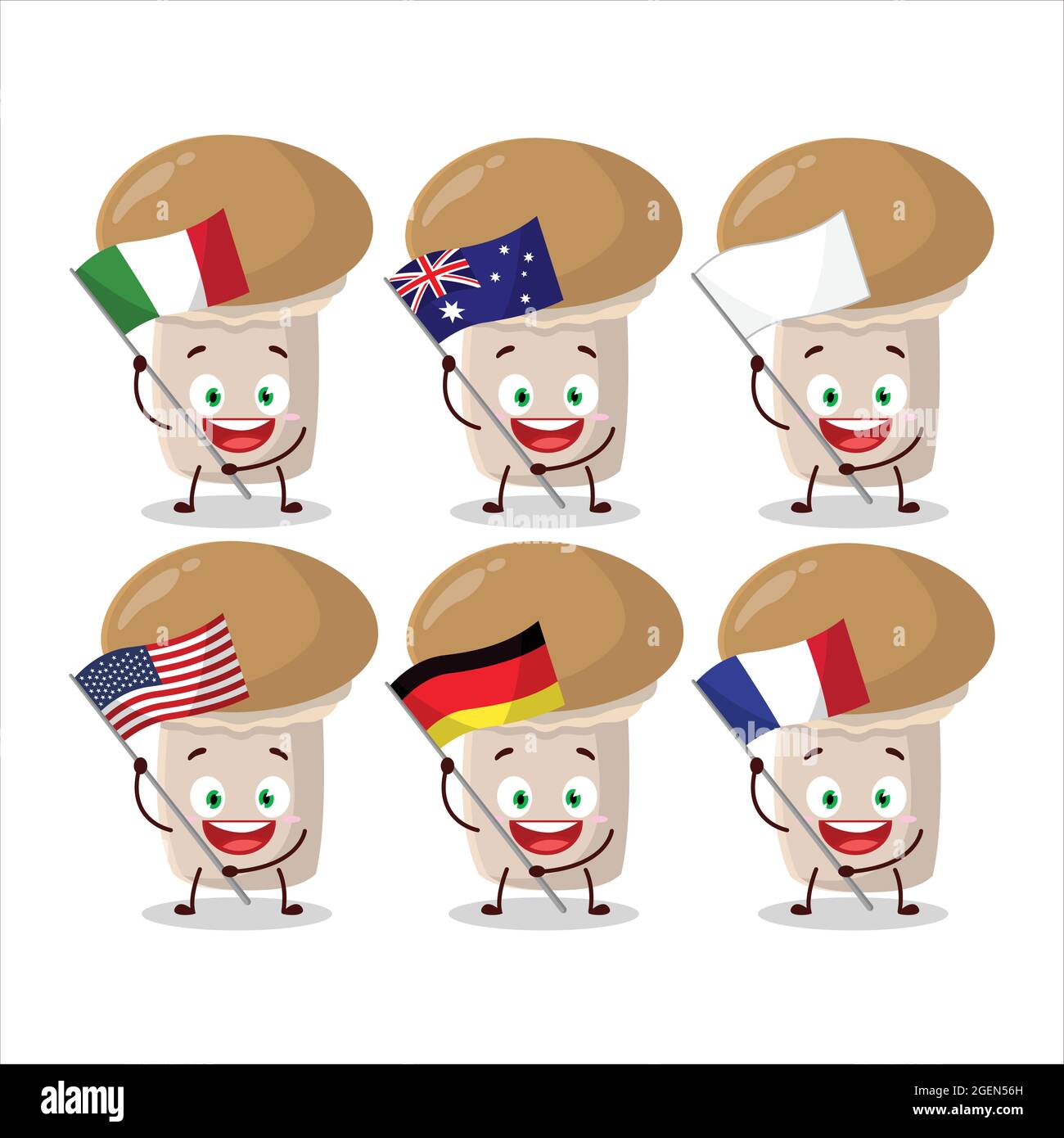 Champignon cartoon character bring the flags of various countries ...