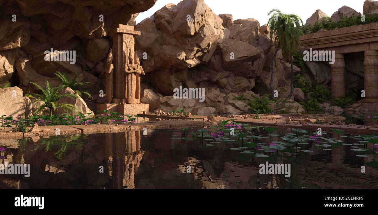 3D illustration egyptian temple and the pond Stock Photo - Alamy