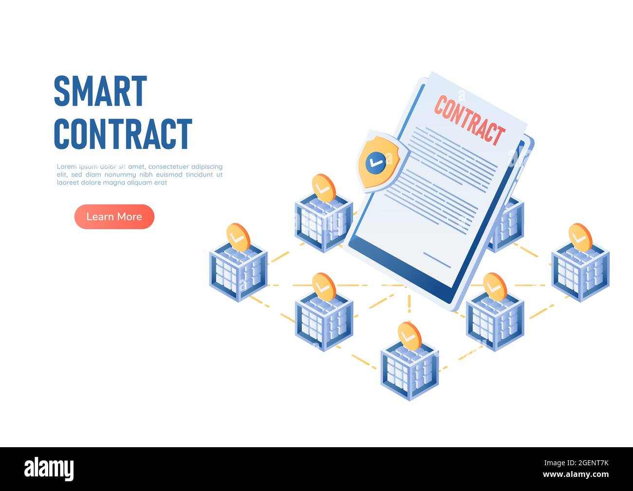 3d Isometric Web Banner Smart Contract in The Center of Blockchain ...