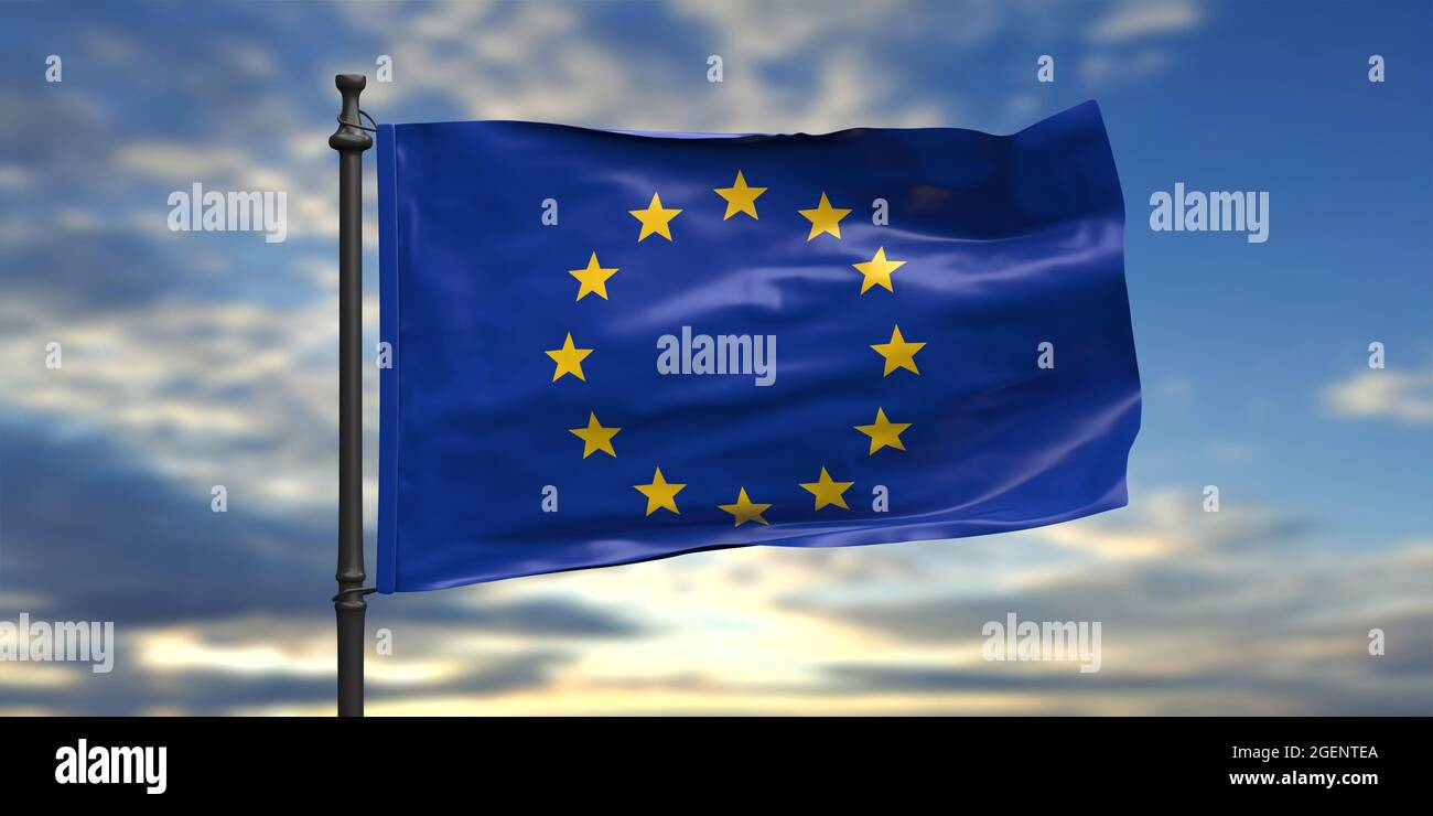 EU sign, symbol. European Union flag waving on a pole, blue sky with ...