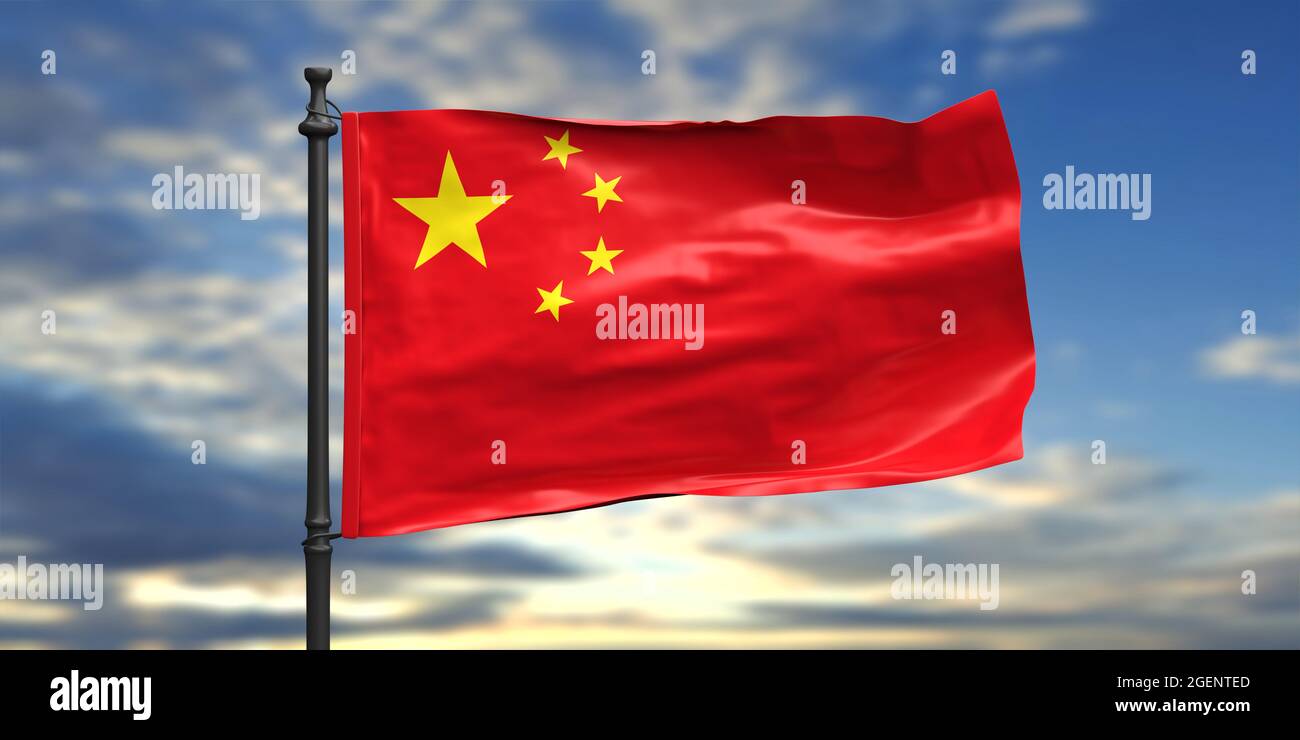 China sign, symbol. Chinese national flag waving on a pole, blue sky ...