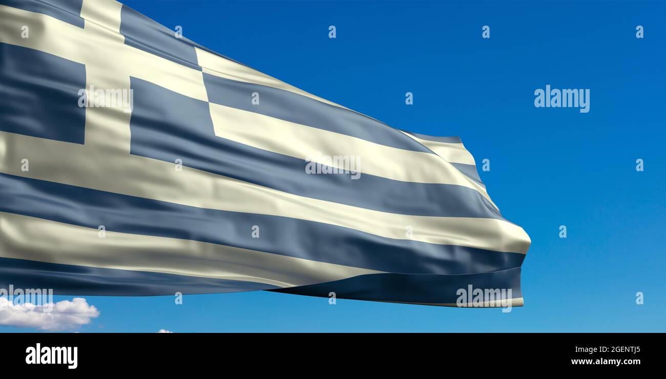 Greece sign, symbol. Greek national official flag waving on clear blue ...