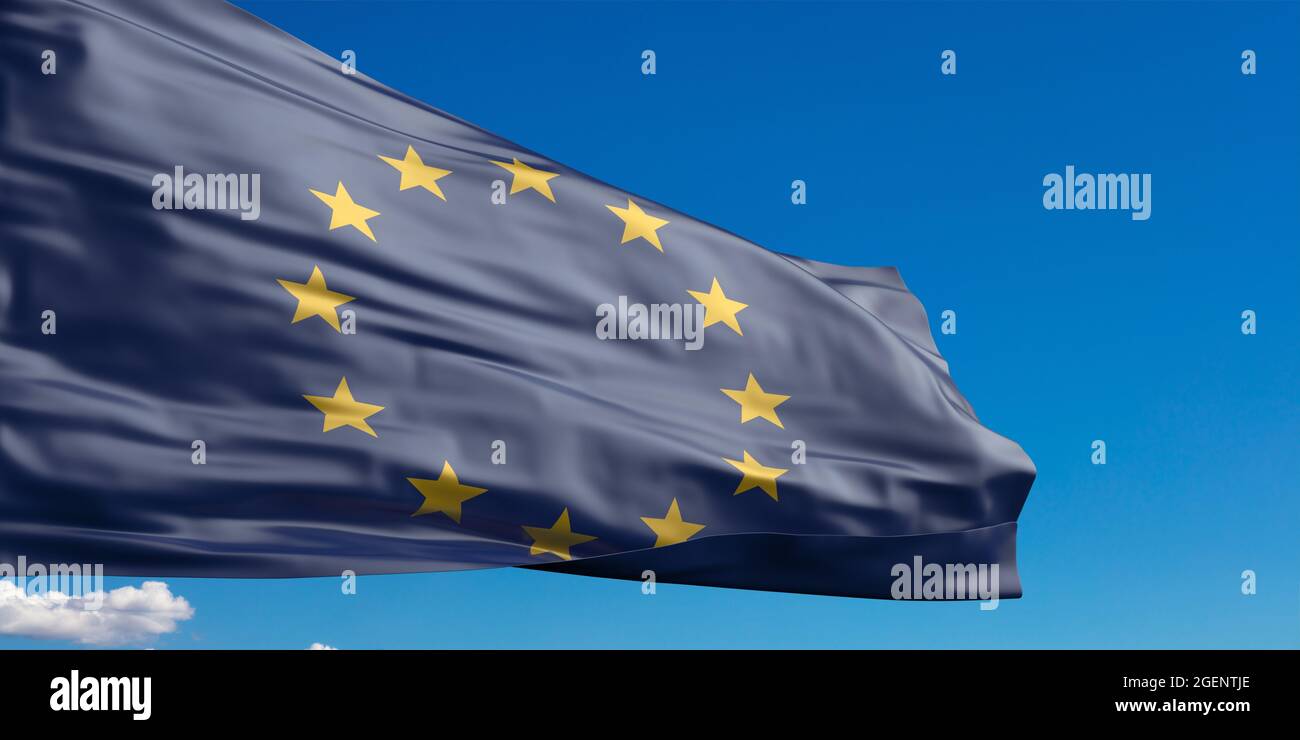 EU sign, symbol. European Union flag waving on clear blue sky ...