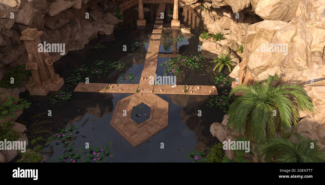 3D illustration egyptian temple and the pond Stock Photo - Alamy