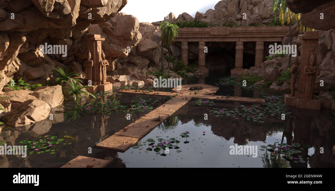 3D illustration egyptian temple and the pond Stock Photo - Alamy