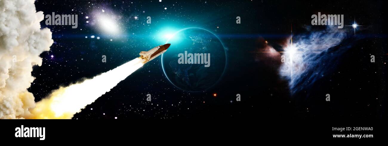 Rocket in space, earth in distance.Space shuttle orbiting Earth planet ...