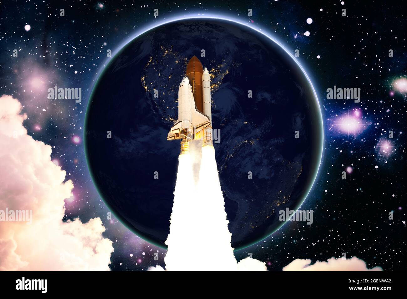 Rocket in space, earth in distance.Space shuttle orbiting Earth planet ...